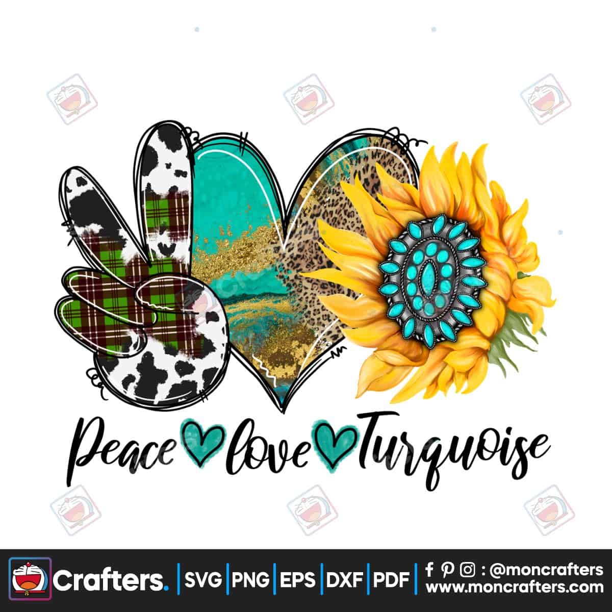 Peace Love Turquoise PNG, Sunflower Instant Download