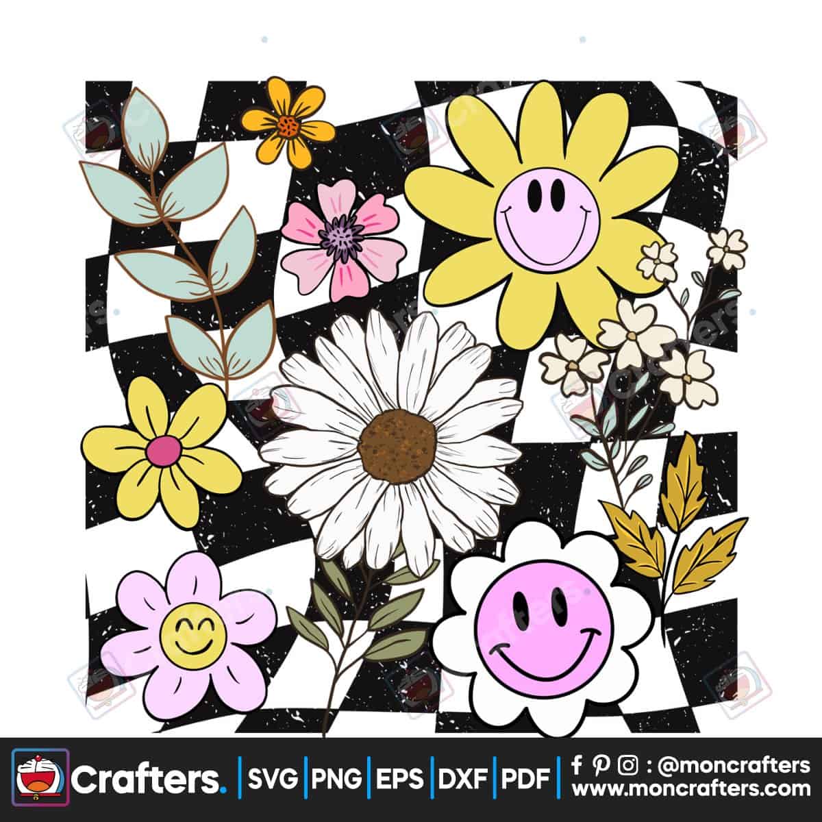 Groovy Summer Daisy Flower Checkered PNG Digital Download Instant Download