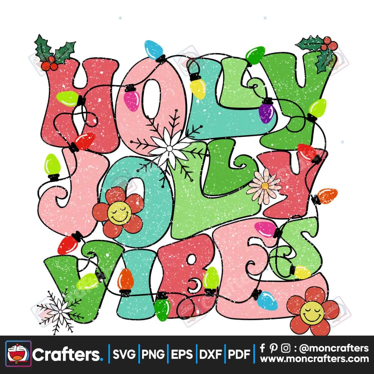 Holly Jolly Vibes Retro Christmas Lights Instant Download