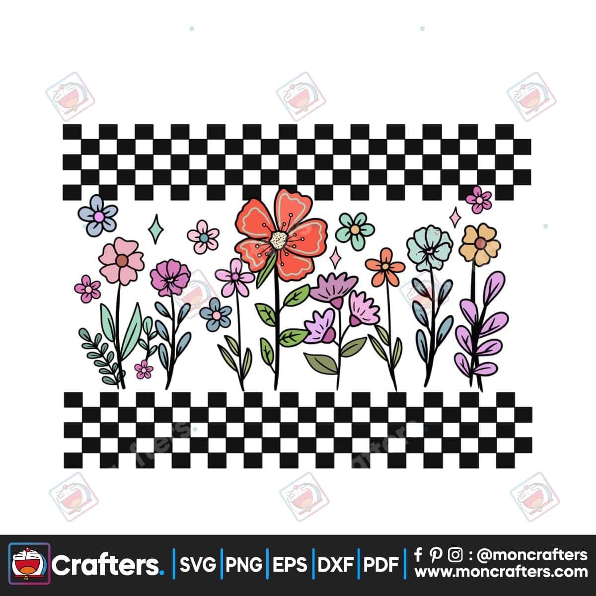 Retro Wildflowers Doodle Checkered PNG Instant Download
