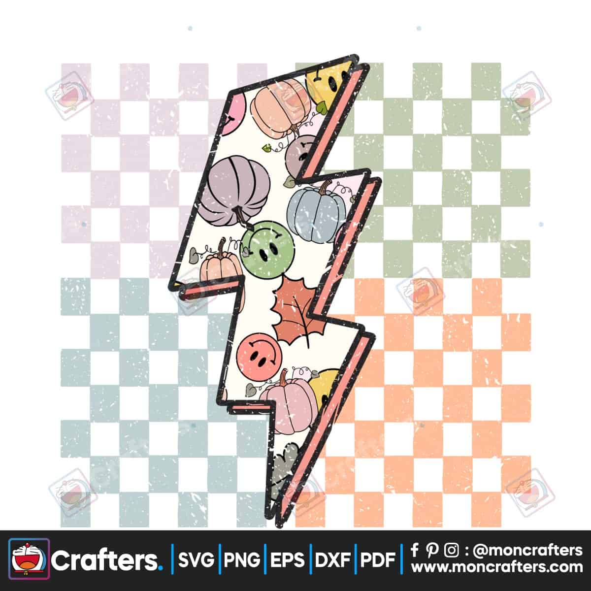 Retro Fall Lightning Bolt Checkered PNG Instant Download Instant Download